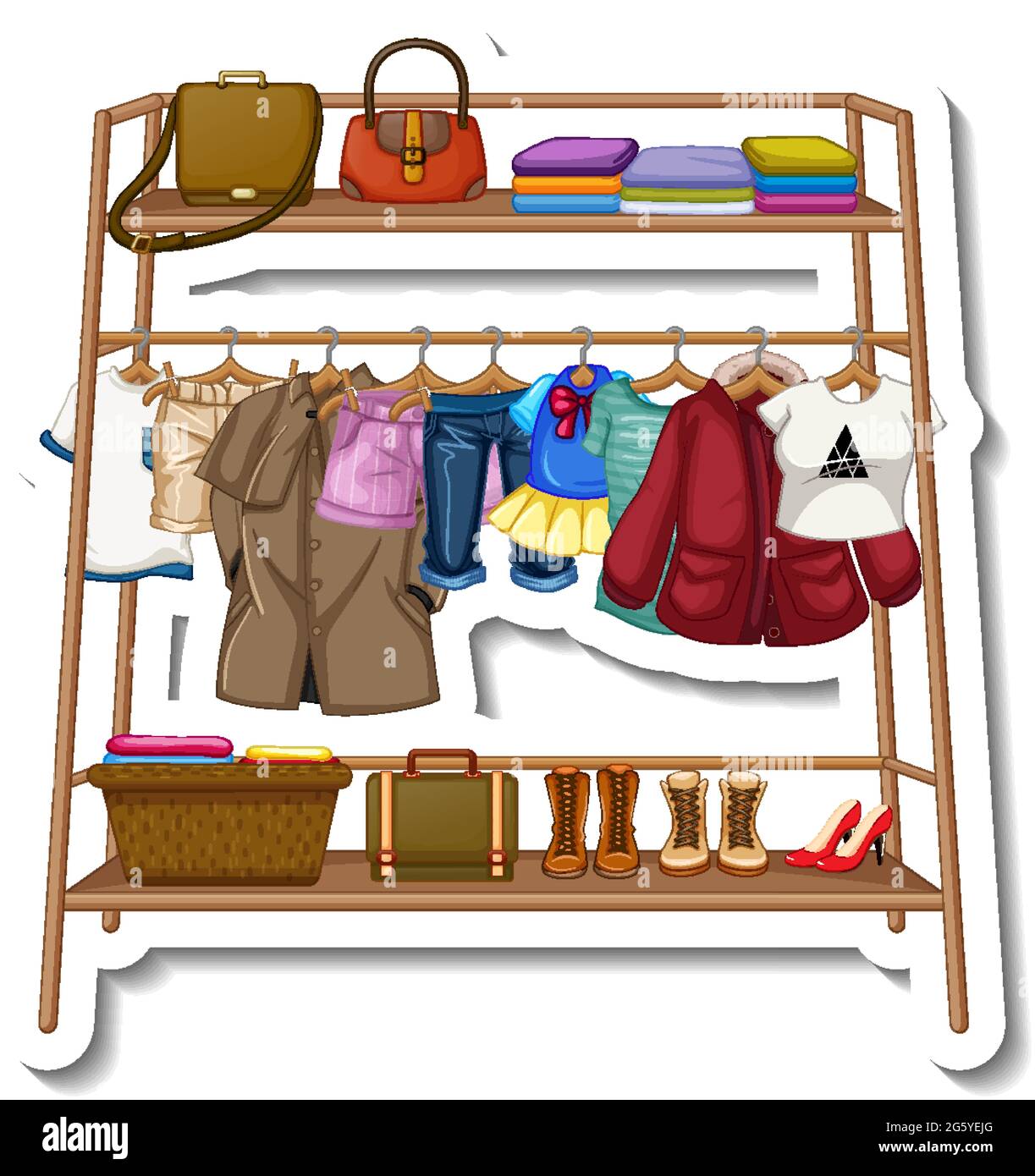 A sticker template of Clothes racks with many clothes on hangers on ...