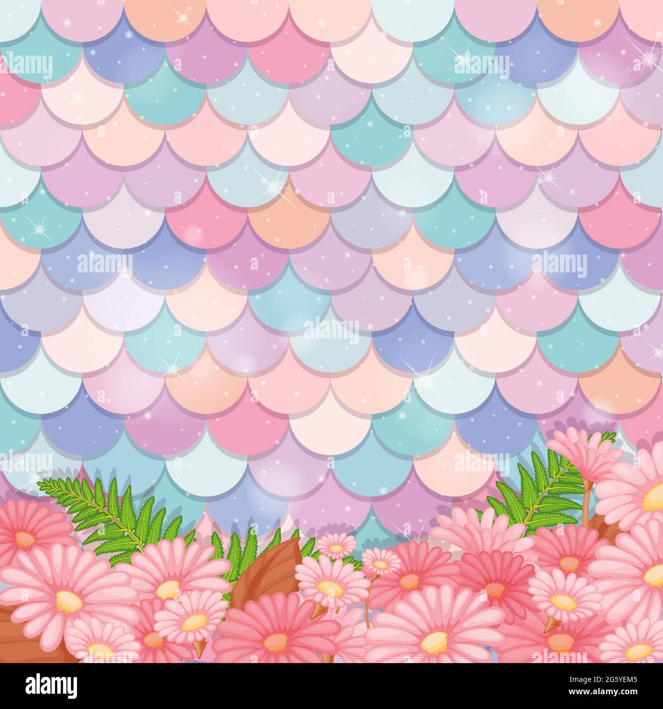 Pastel mermaid scale pattern with many flowers illustration Stock ...