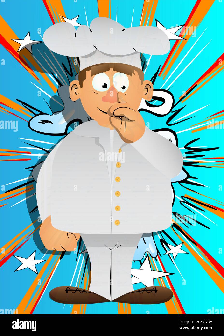 Fat male cartoon chef in uniform with sympathy. Vector illustration ...