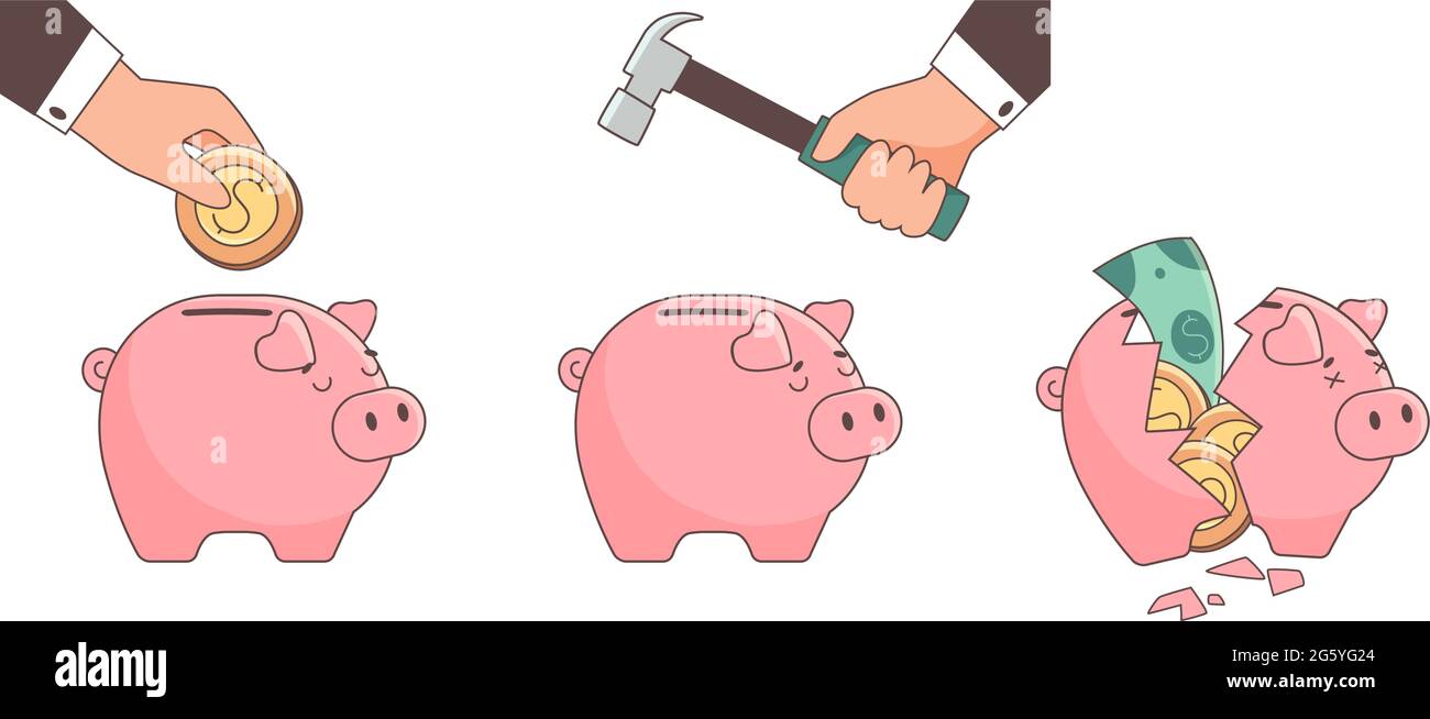 Piggy bank, vector illustration set. The piggy bank is filled with ...