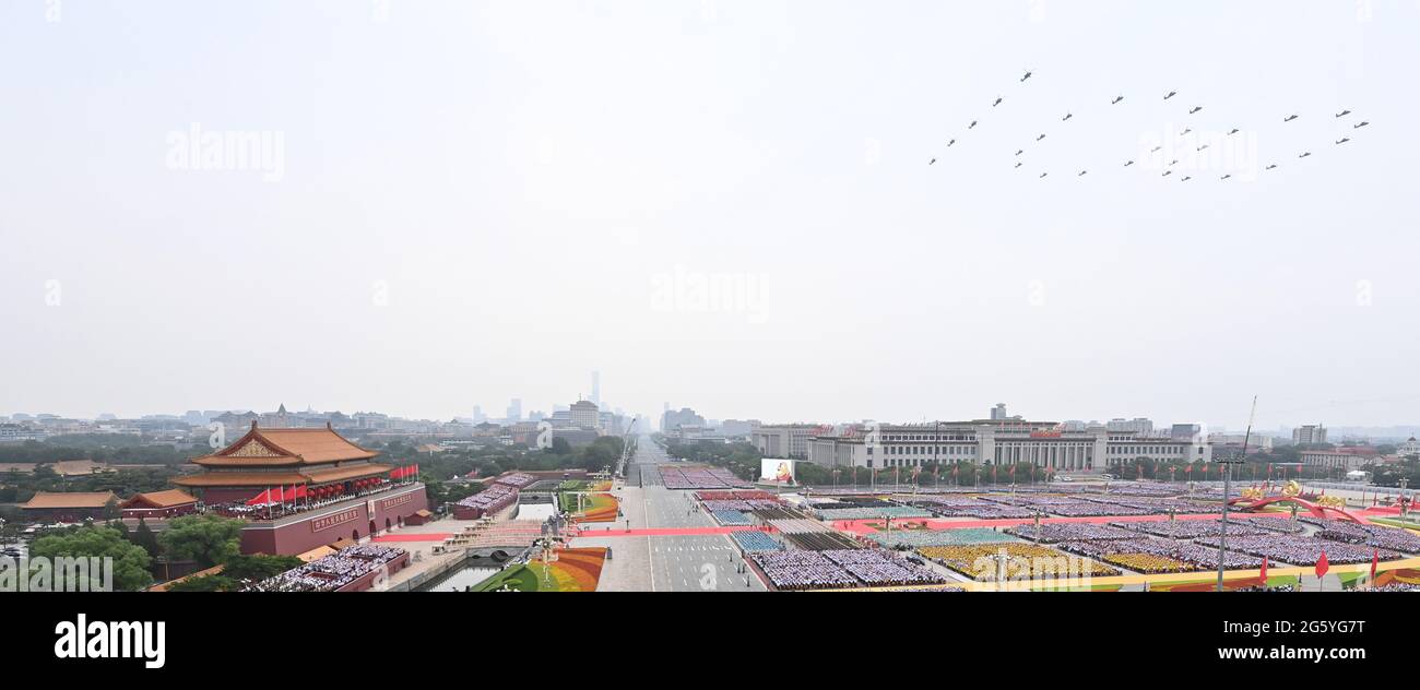 Beijing, China. 1st July, 2021. Helicopters fly over Tian'anmen Square ...