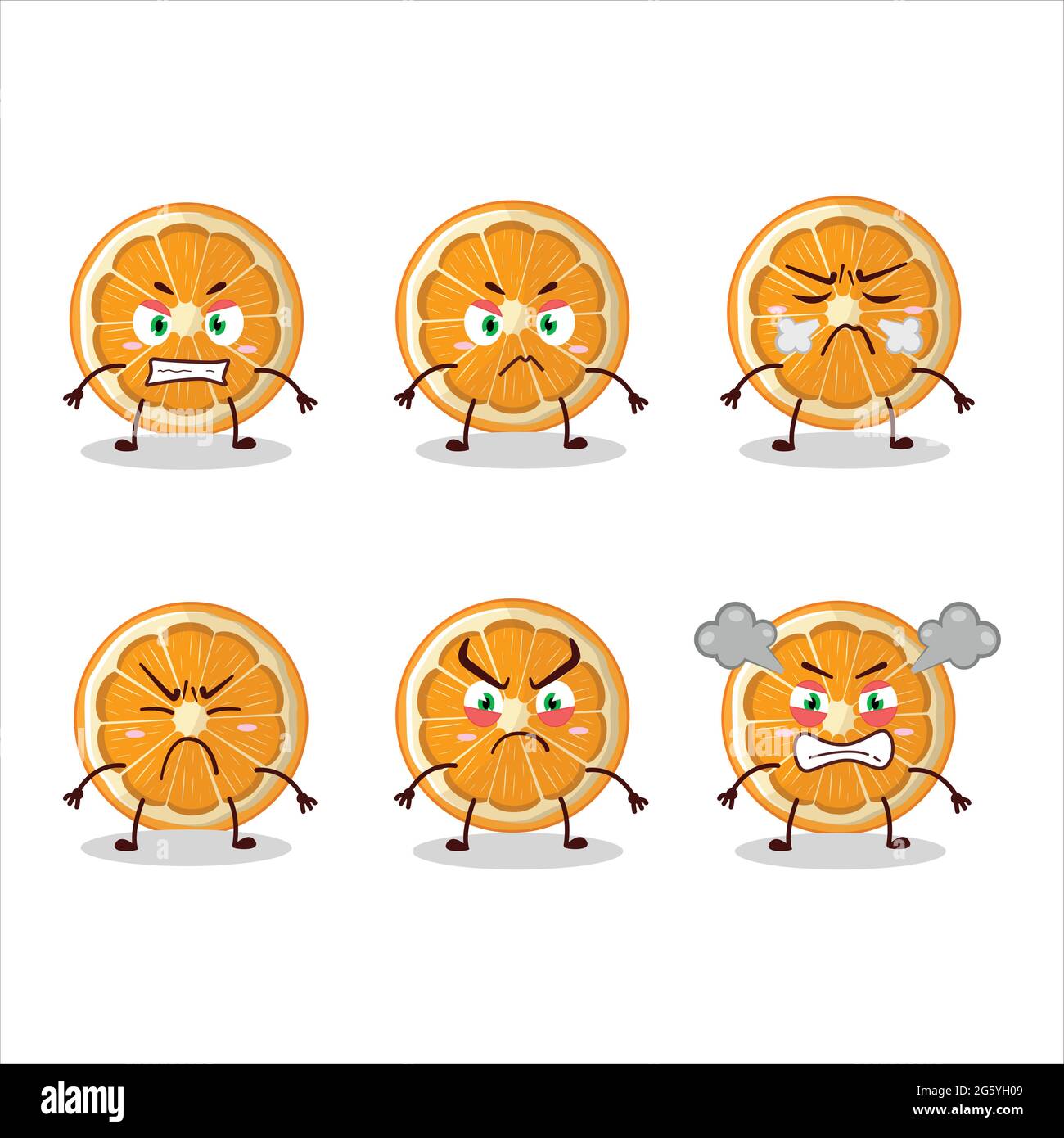 Slice of tangerine cartoon character with various angry expressions ...