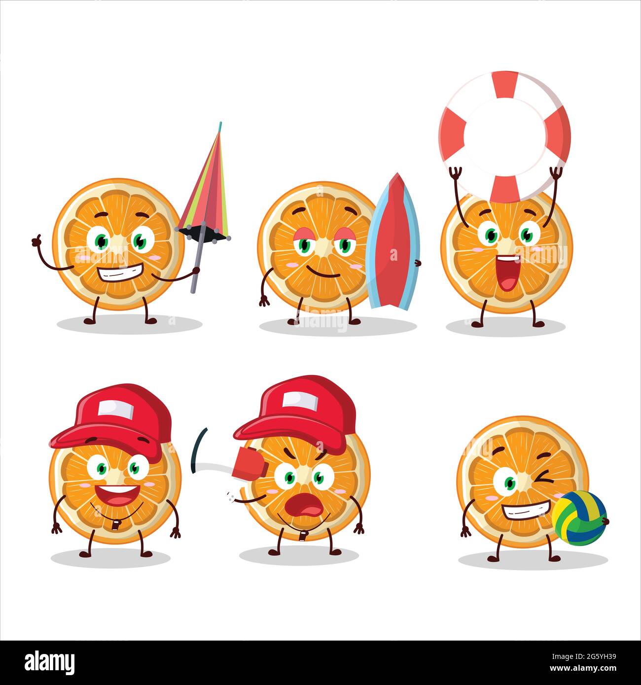 Happy Face slice of tangerine cartoon character playing on a beach ...