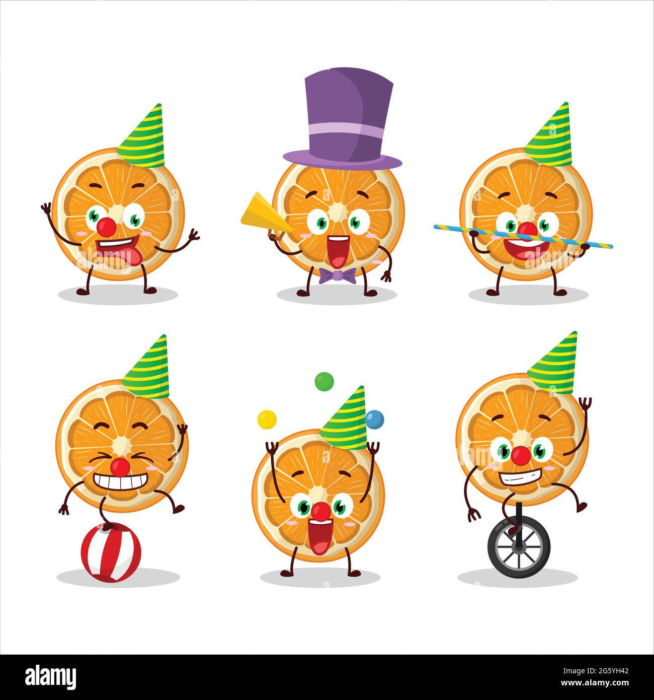 Cartoon character of slice of tangerine with various circus shows ...