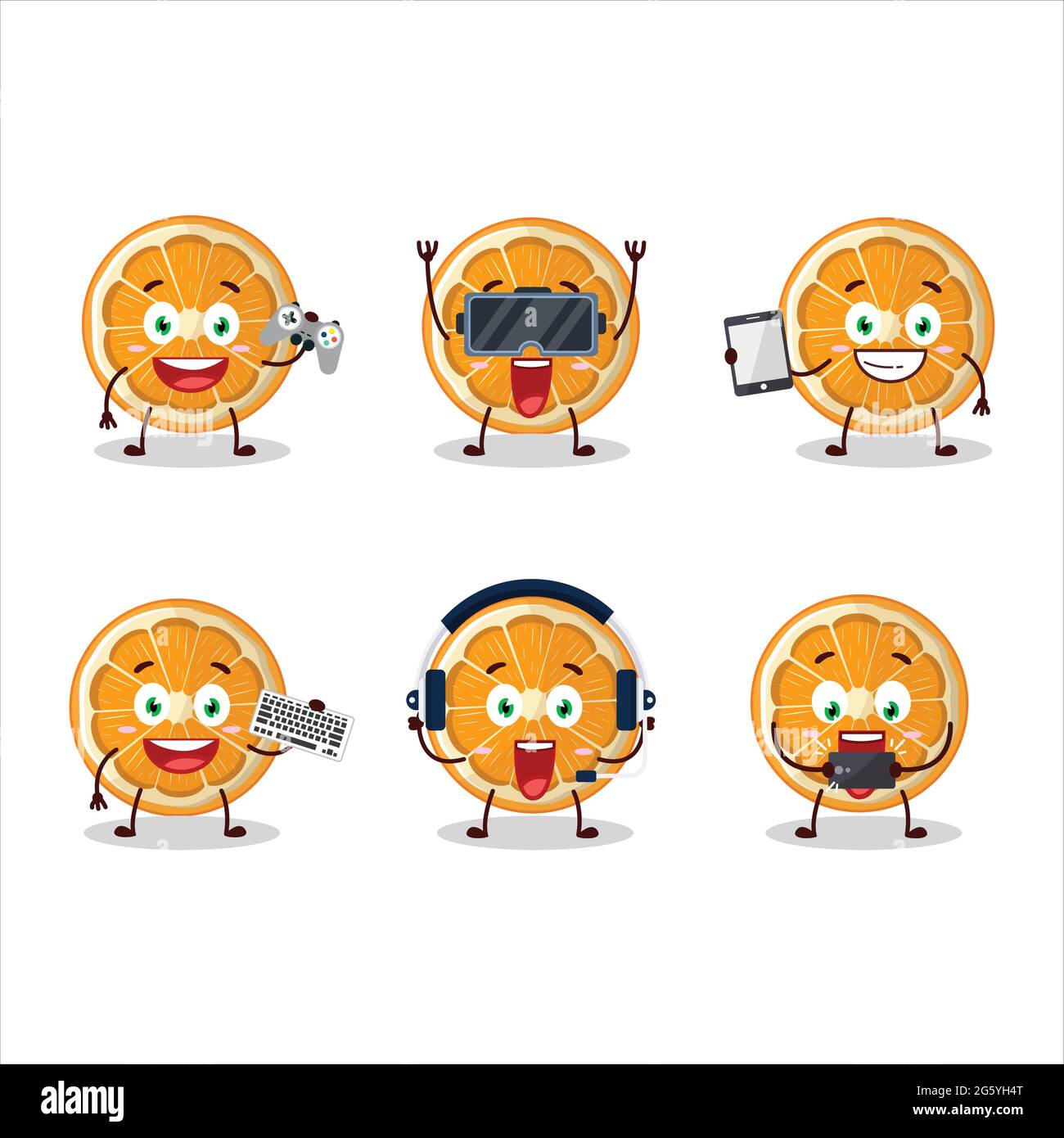 Slice of tangerine cartoon character are playing games with various ...