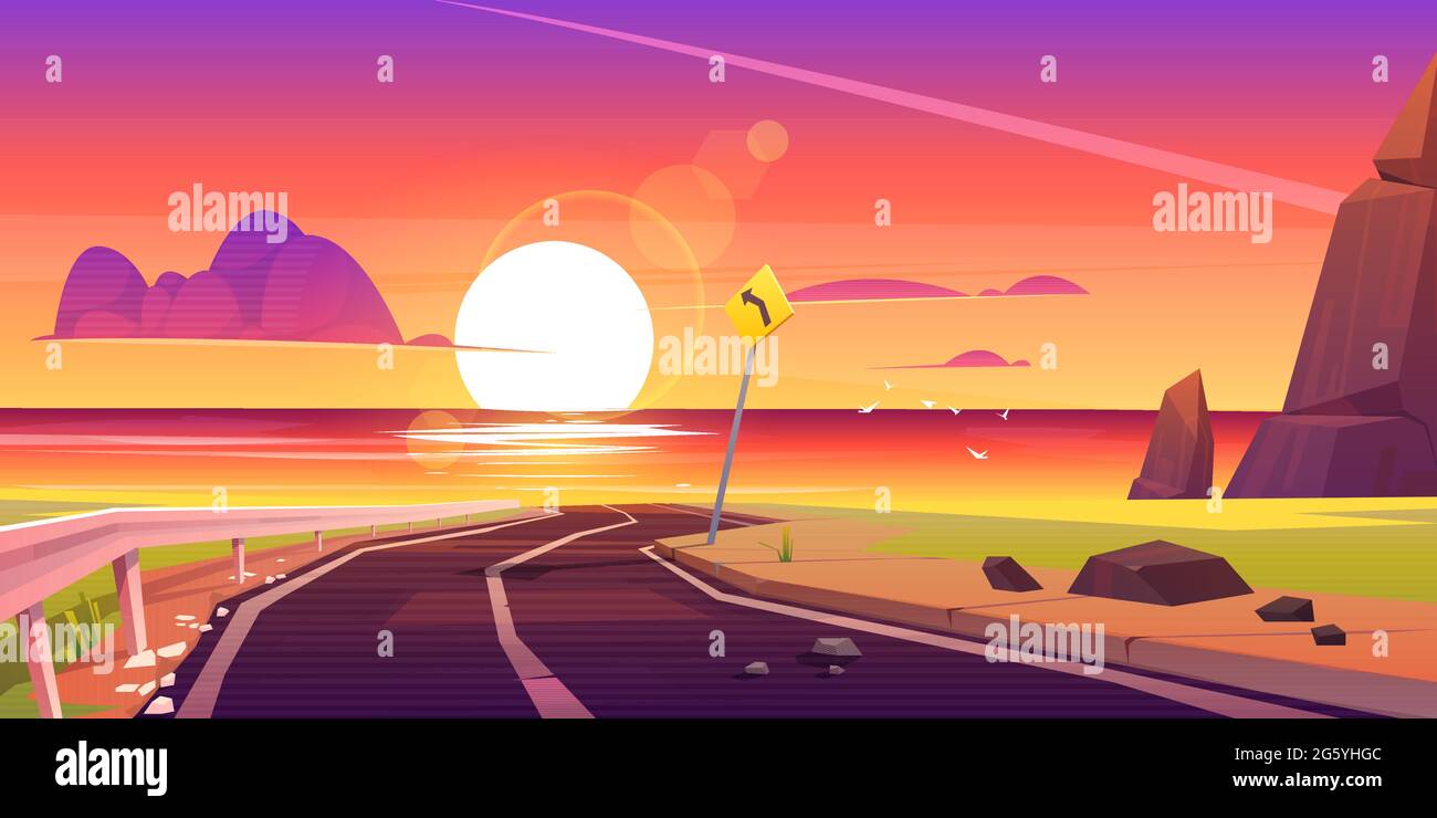 Road to sea beach sunset landscape. Mountain asphalt way with dusk ...