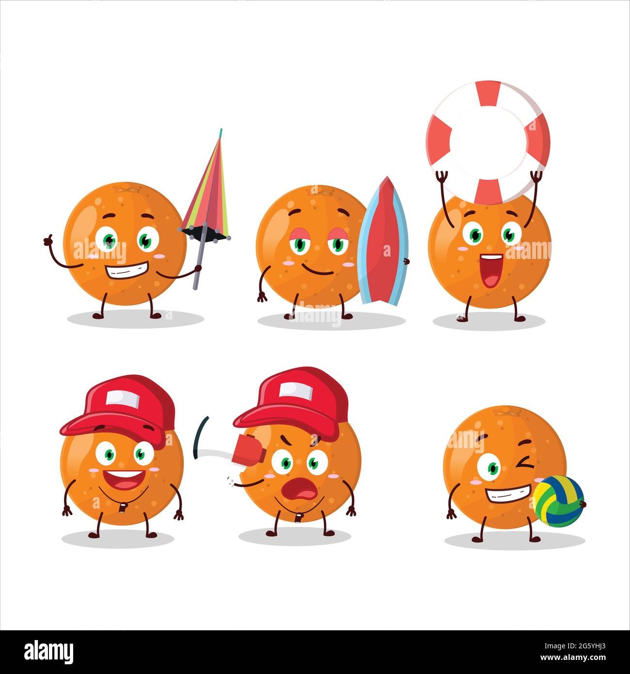 Happy Face tangerine cartoon character playing on a beach. Vector ...