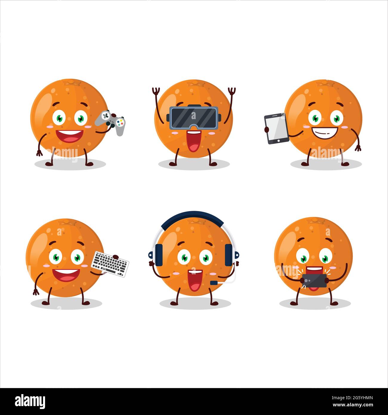 Tangerine cartoon character are playing games with various cute ...