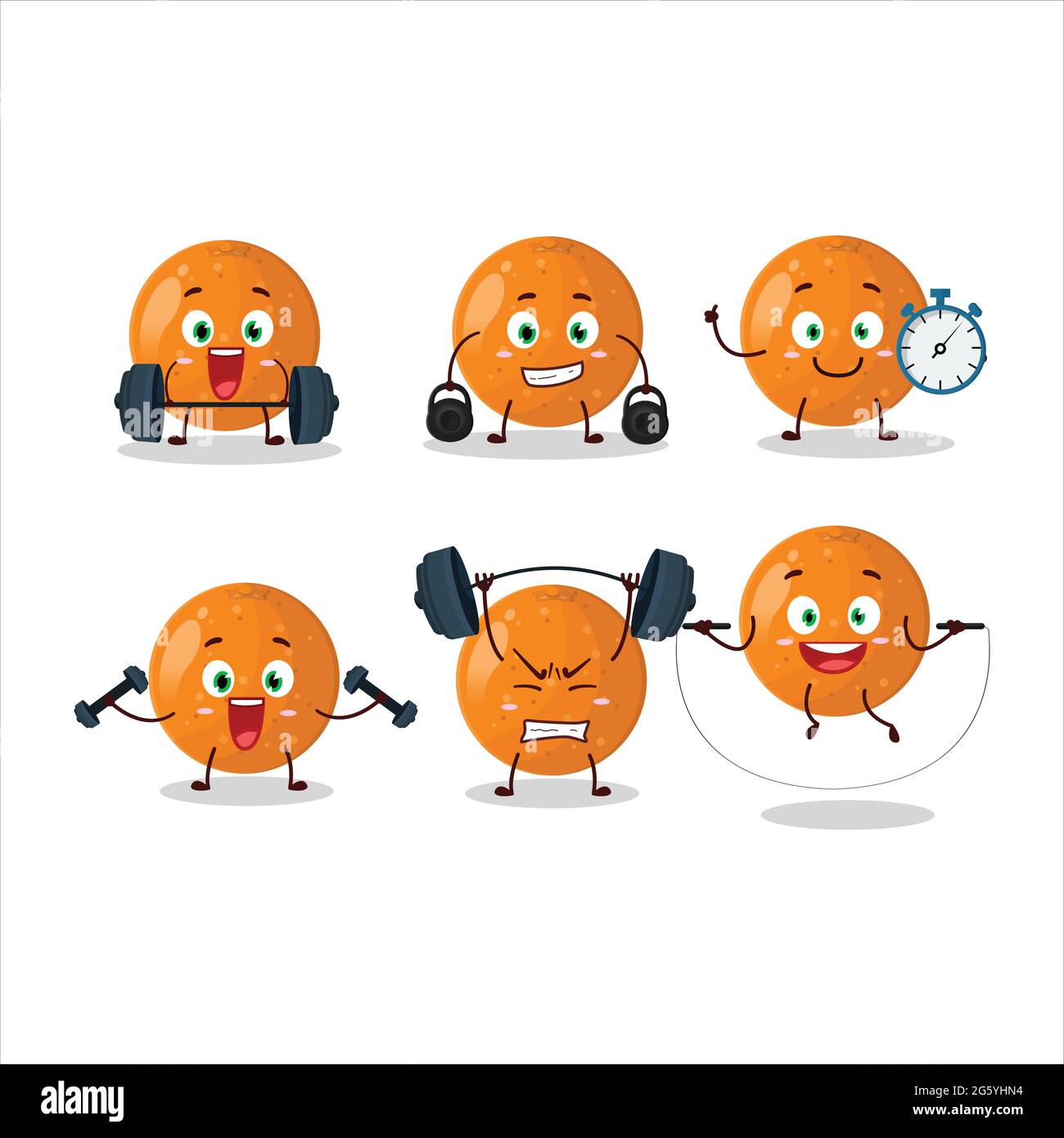 A healthy tangerine cartoon style trying some tools on Fitness center ...