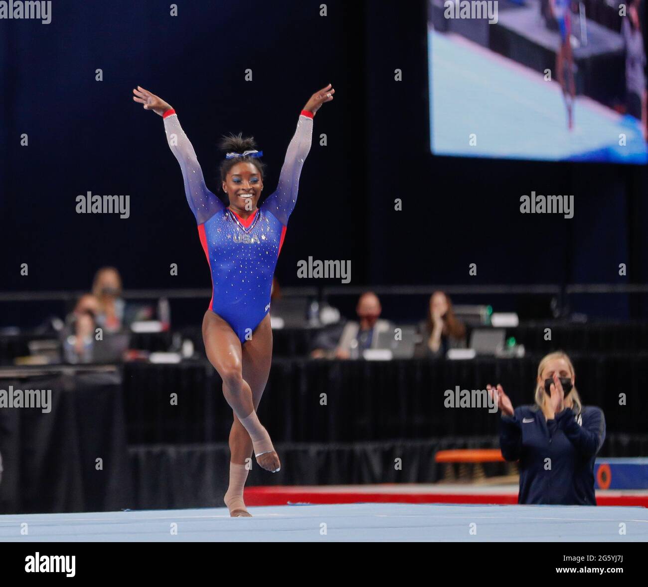 June 25, 2021: Simone Biles smiles during her floor routine as her ...