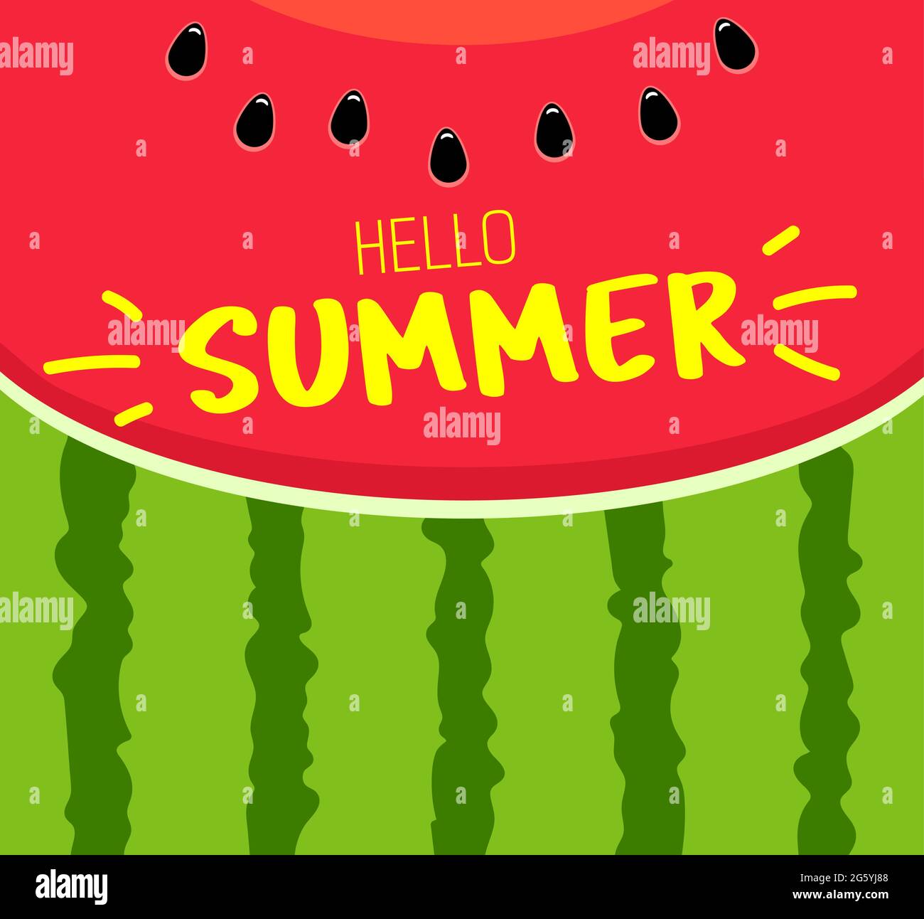 Banner Hello summer. Text on the red texture of a juicy watermelon with ...