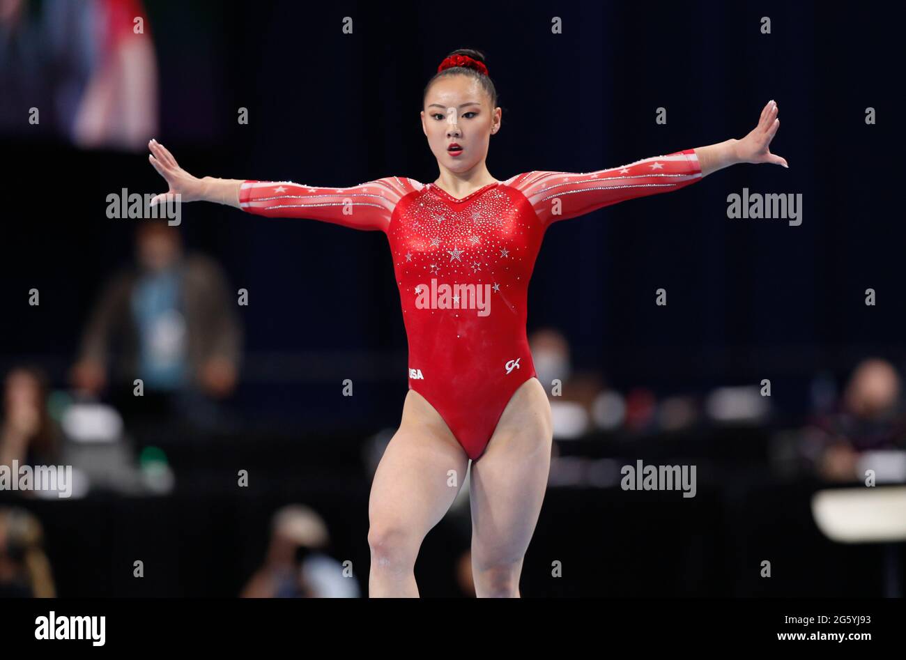 June 25, 2021: Kara Eaker performs her floor routine during Day 1 of ...