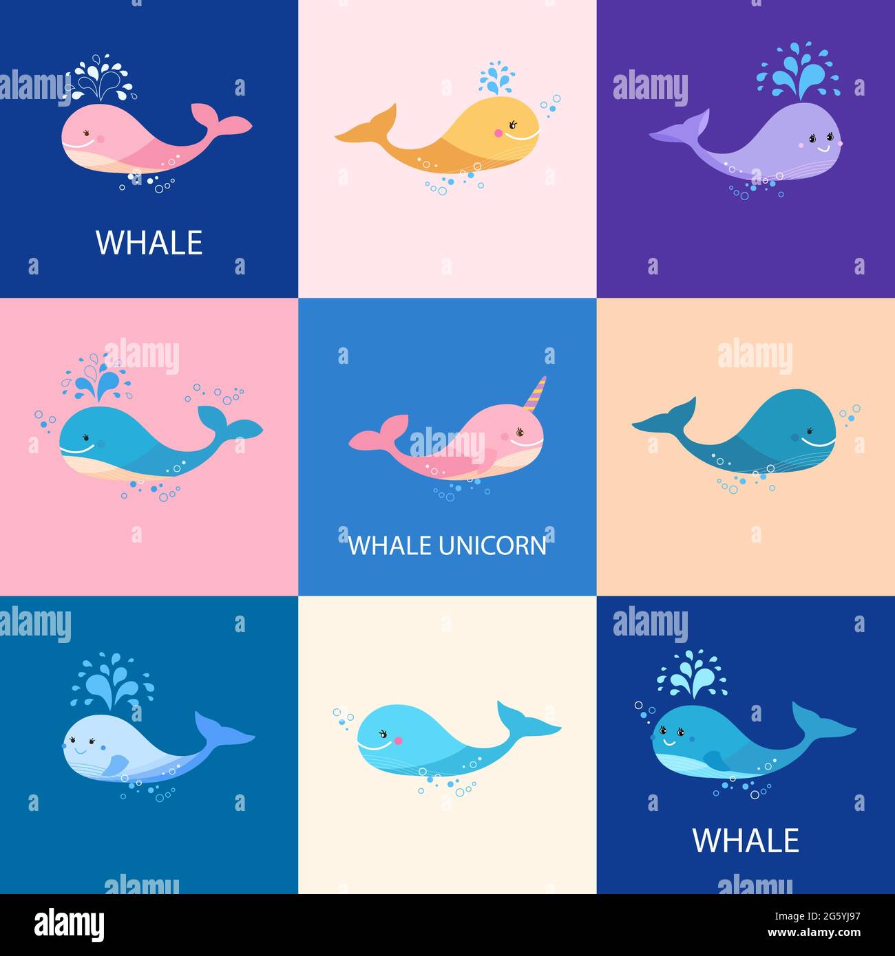 collection of colorful cute whales. A small cheerful whale and pink ...