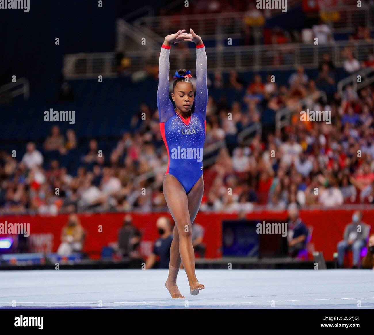 June 25, 2021: Zoe Miller performs her floor routine during Day 1 of ...