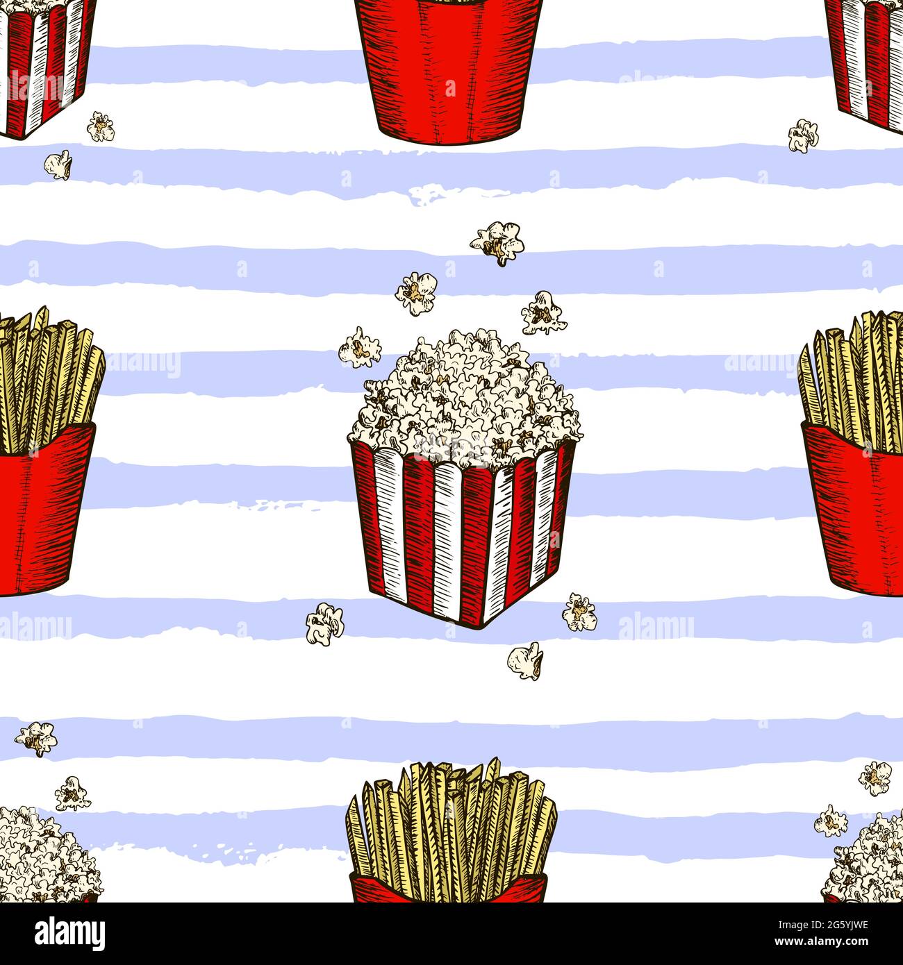 Pop corn and french fries hand drawn seamless pattern. Fast food sketch ...