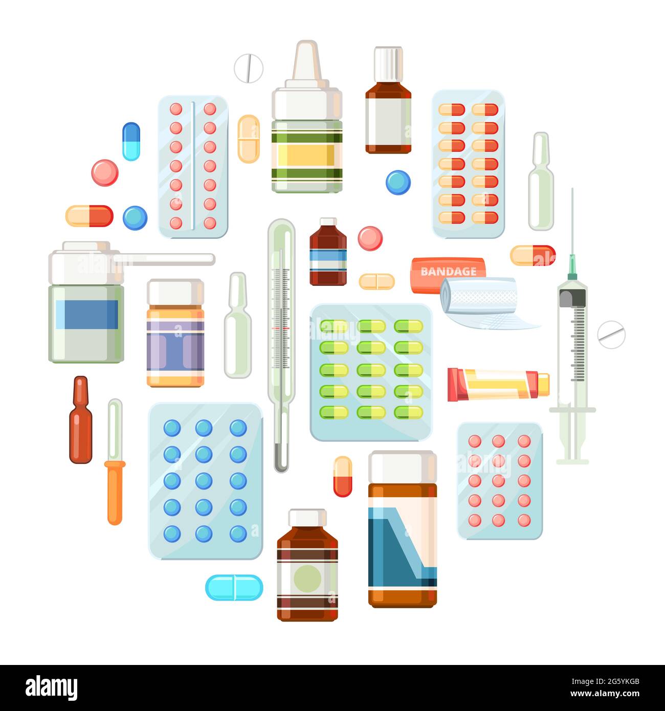 Medicines. Illustration with pills, capsules, thermometer syringe ...