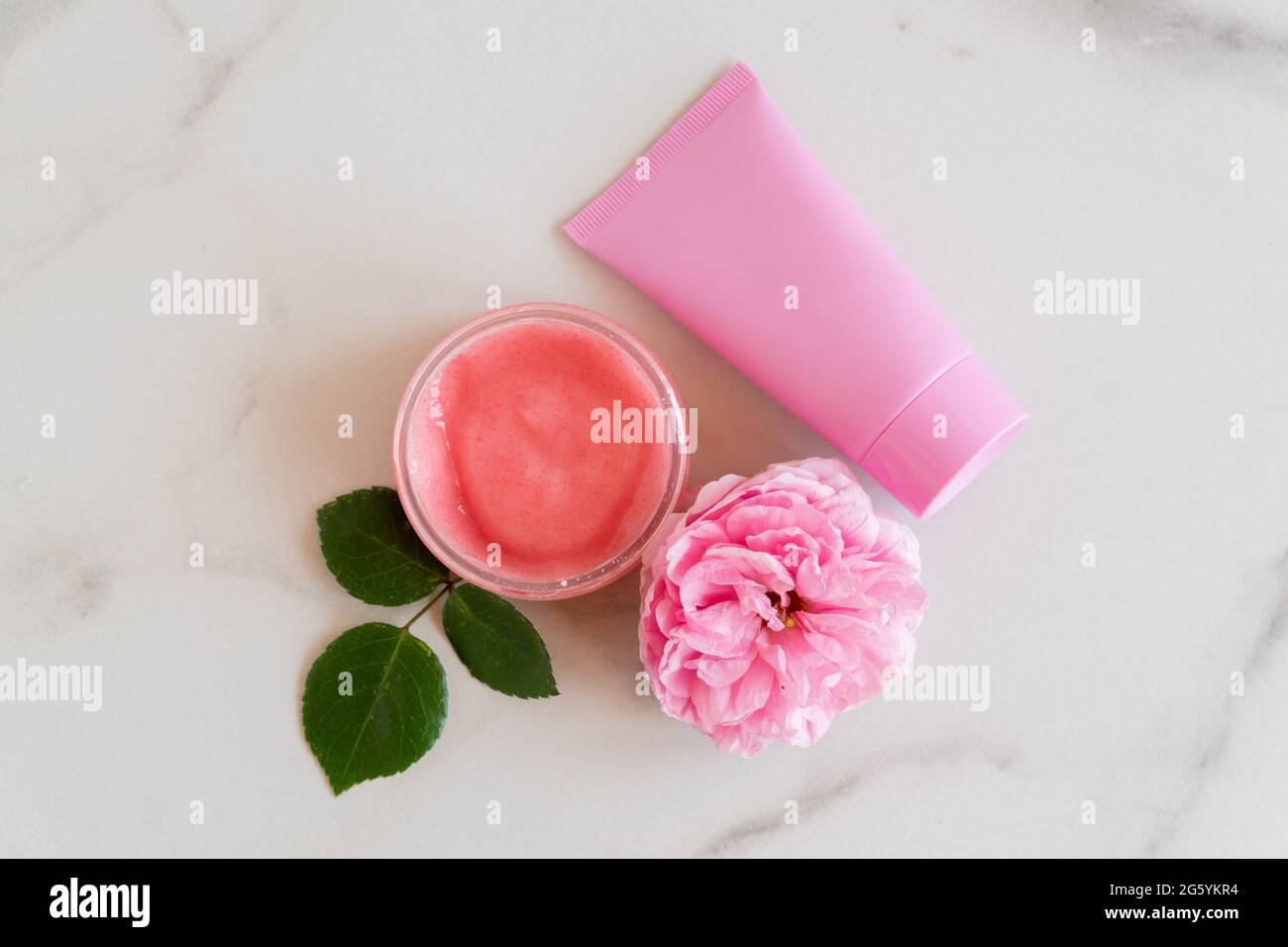 Hygiene bath product. Body, face rose scrub with blooming pink rose ...