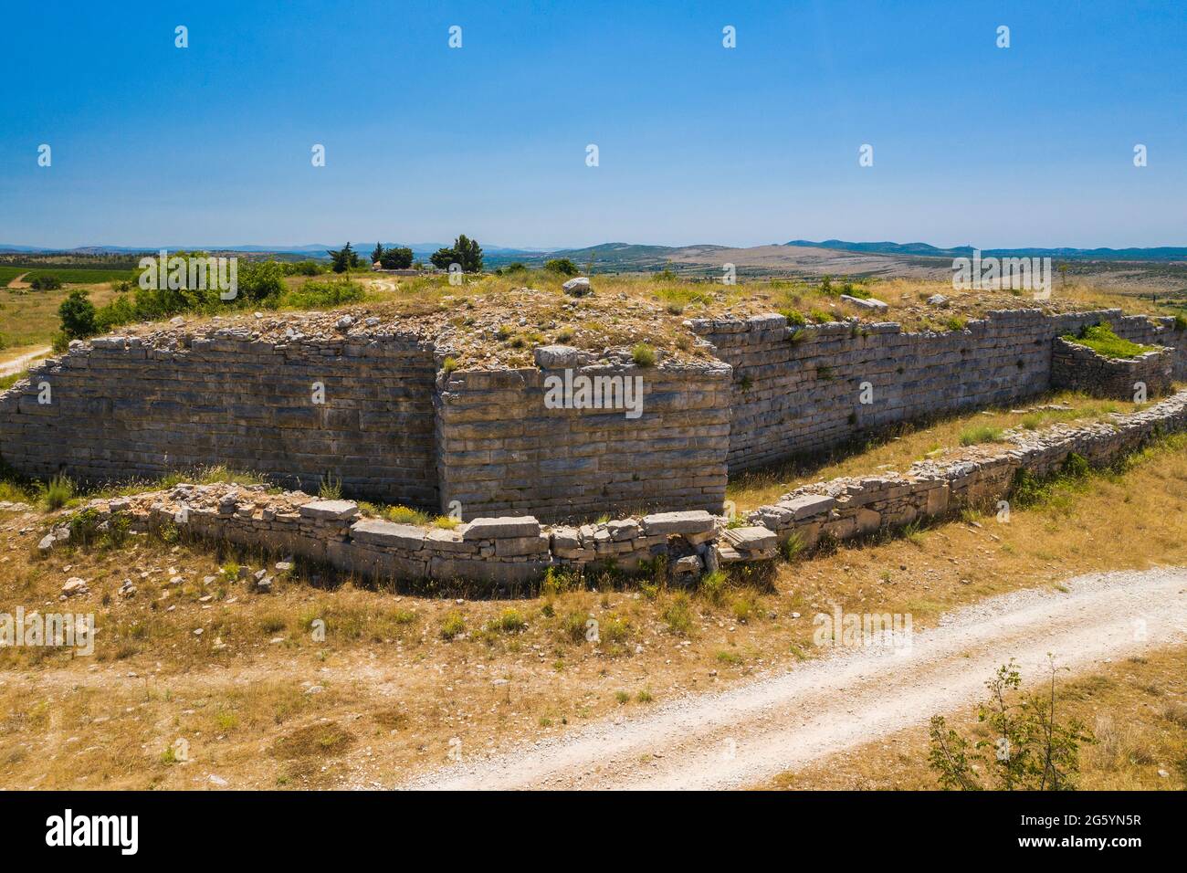 Stone ruins of ancient town of Asseria in Dalmatia, Croatia. Aerial ...
