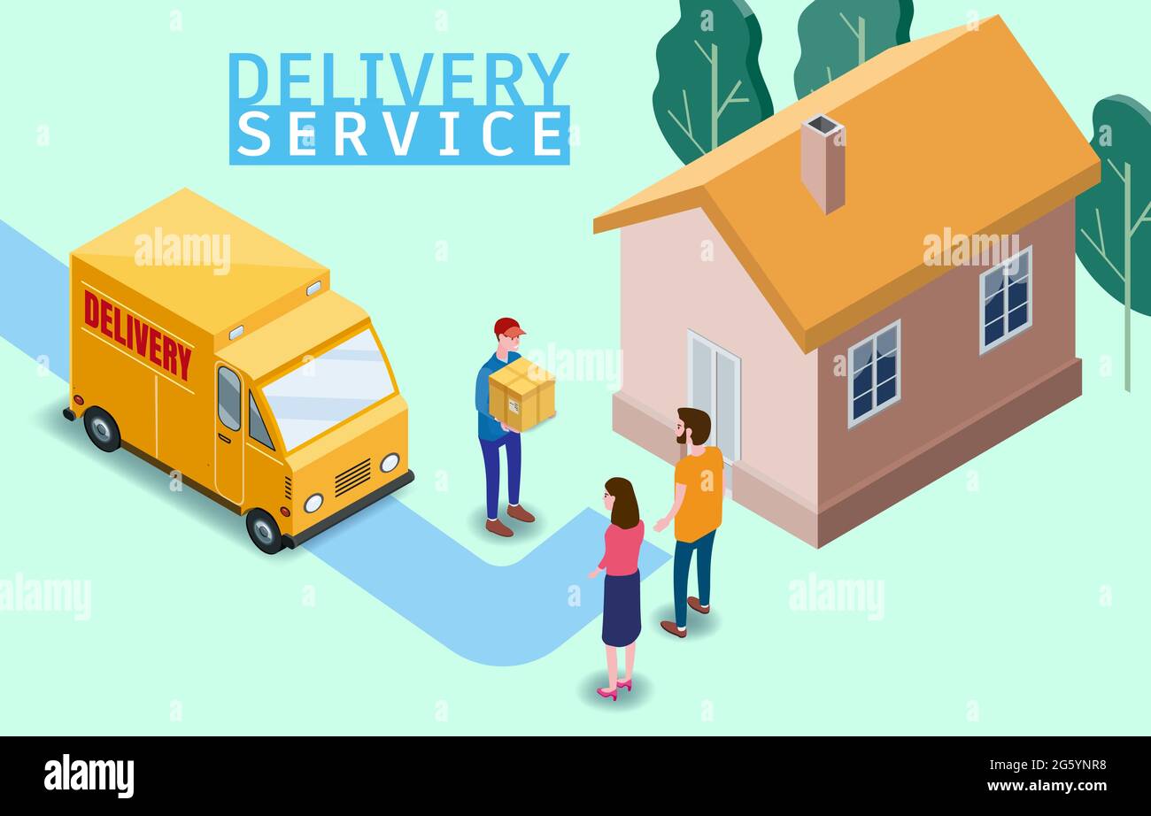 Isometric Fast Express and Delivery. Courier shipping to couple woman ...