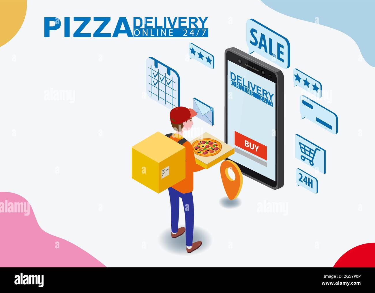 landing template Pizza Delivery Service Isometric concept. Courier with ...