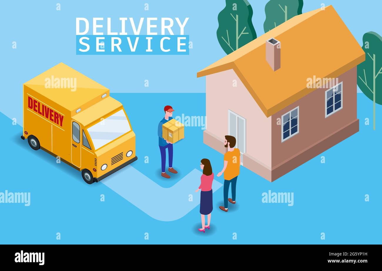 Isometric Express and Delivery. Courier shipping to couple woman and ...