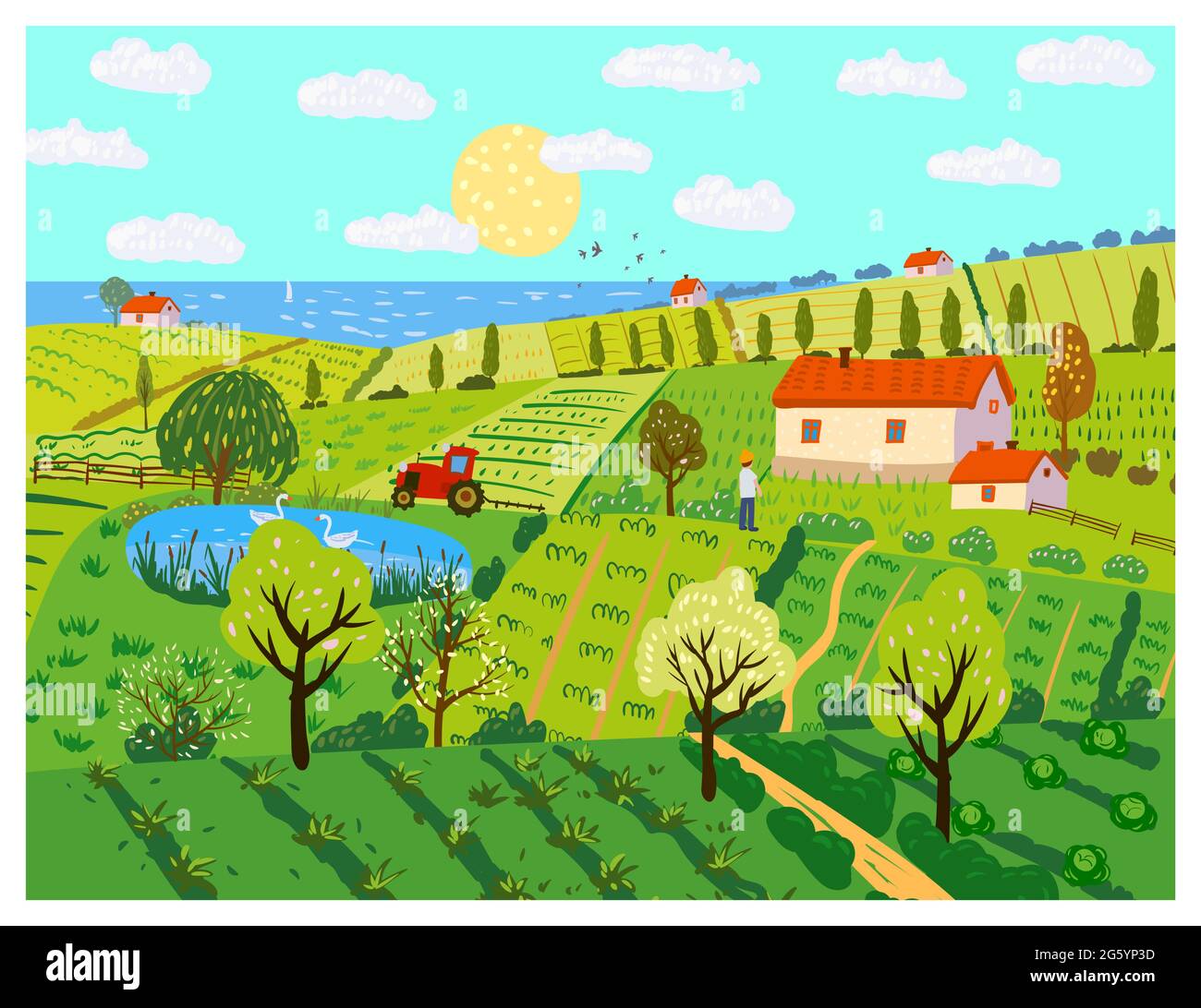 Spring rural landscape farm house, green fields, hills, blooming trees ...
