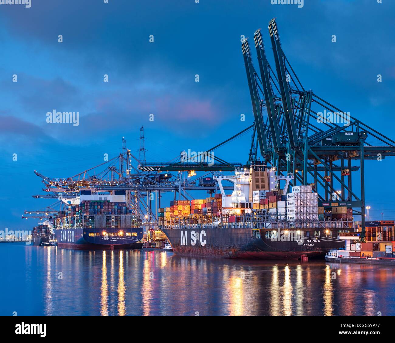 ANTWERP-MARCH 3, 2021. Large container terminal with moored vessels at ...