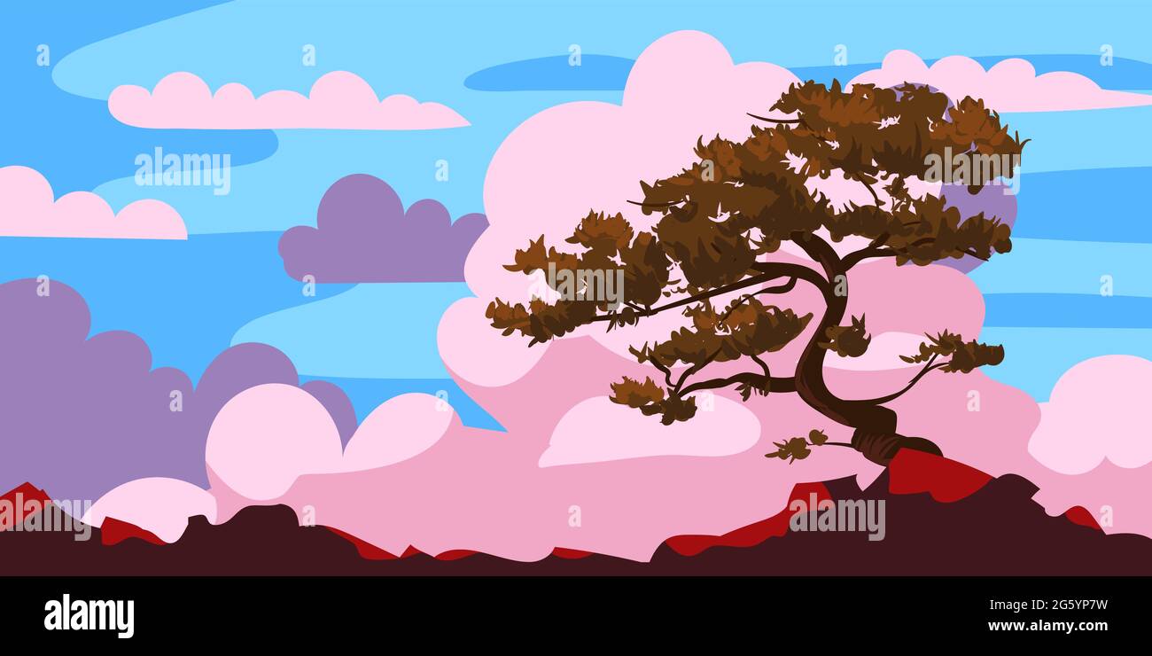 Sunset tree silhouette on a cliff, clouds after rain. Landscape evening ...