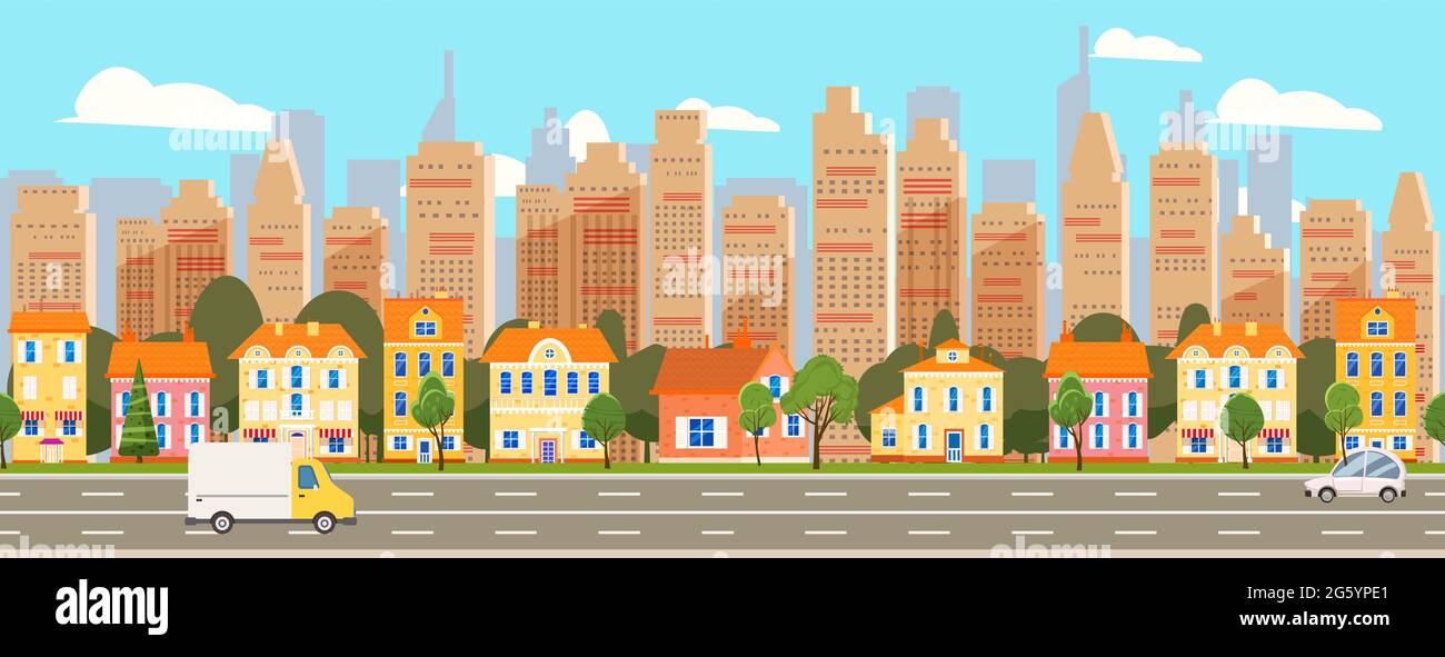 City landscape seamless horizontal illustration. Cityscape skyscrappers ...