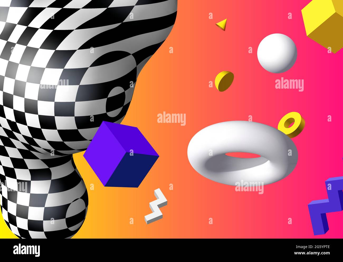 Abstract background with flying colorful 3D geometric shapes over ...