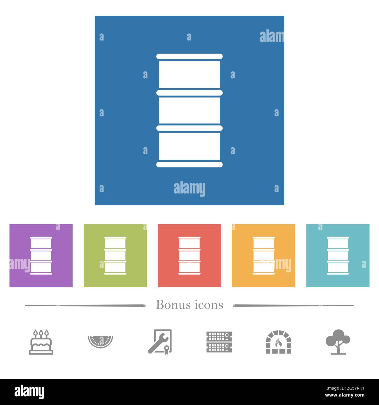 Barrel flat white icons in square backgrounds. 6 bonus icons included ...