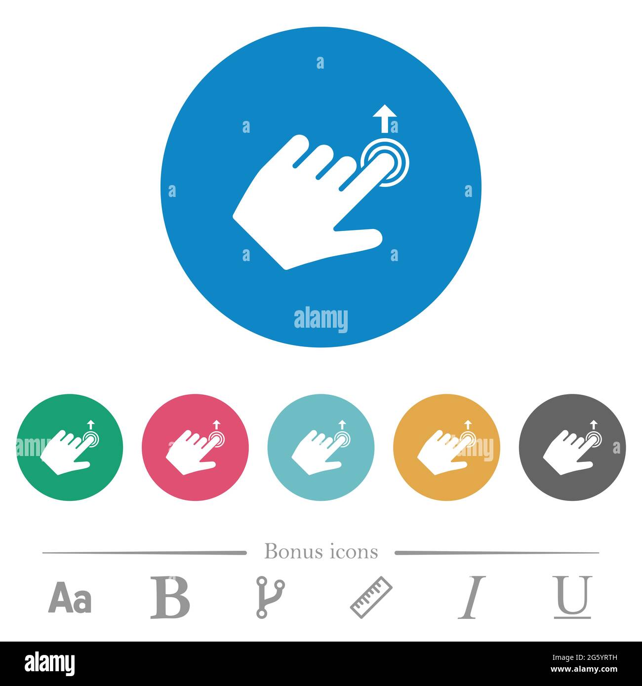 Left handed slide up gesture flat white icons on round color ...