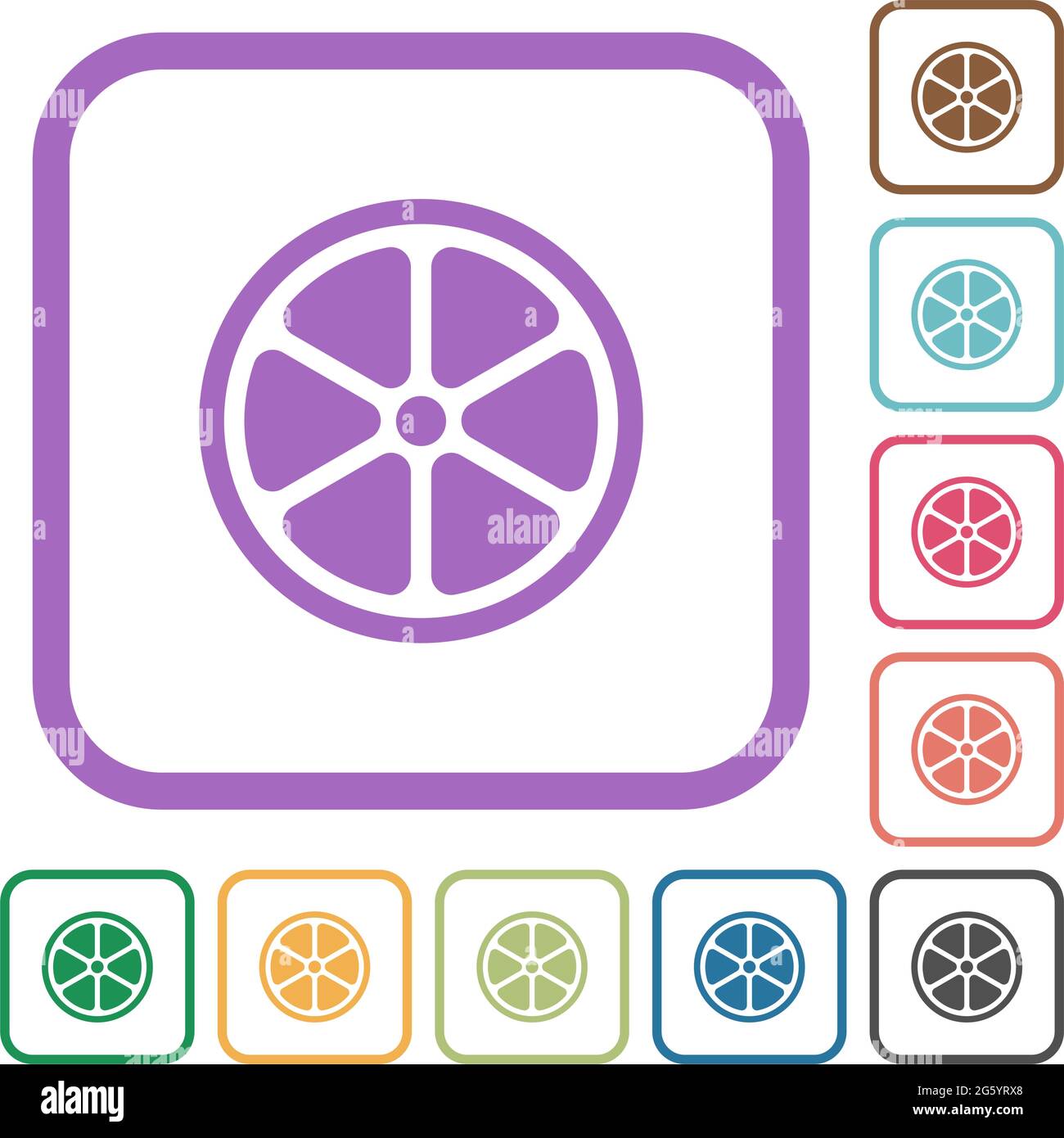 Lemon slice solid simple icons in color rounded square frames on white ...