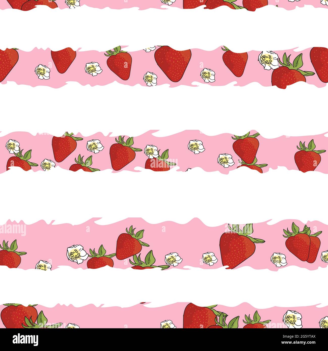 Vector pastel pink background garden strawberries, berry flowers ...