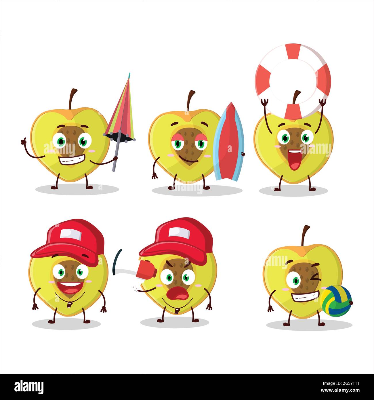 Happy Face slice of peach cartoon character playing on a beach. Vector ...