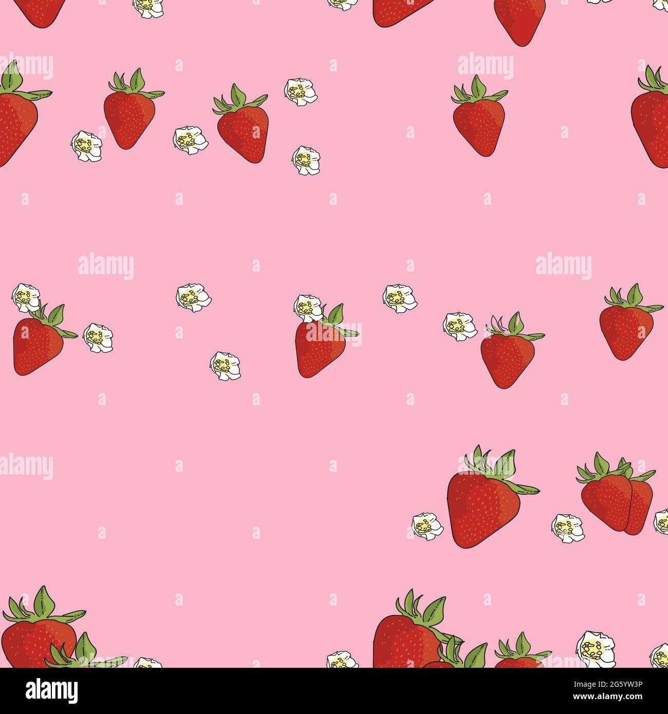 Vector pastel pink background garden strawberries, berry flowers ...