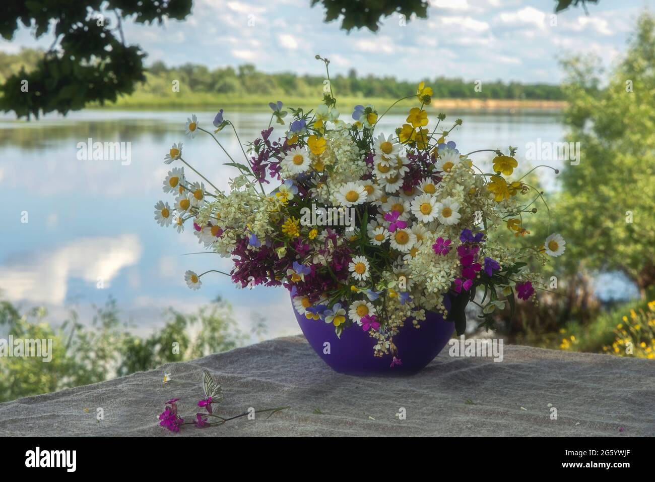 Still life with bouquet of wildflowers on a river side Stock Photo - Alamy