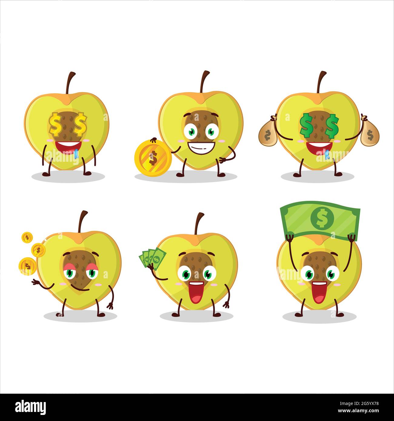Slice of peach cartoon character with cute emoticon bring money. Vector ...