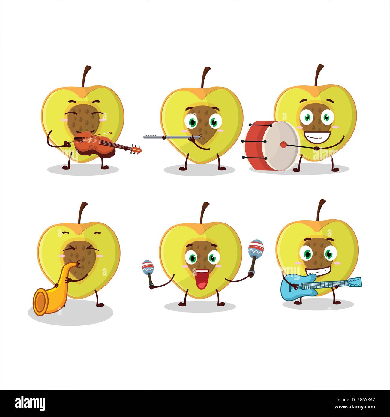 Cartoon character of slice of peach playing some musical instruments ...