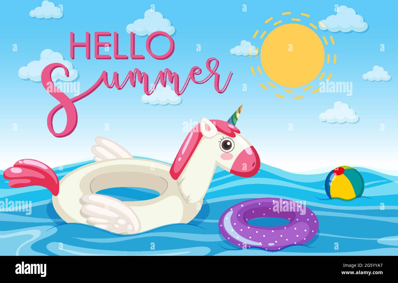 Hello Summer font with unicorn swimming ring floating in the sea banner ...