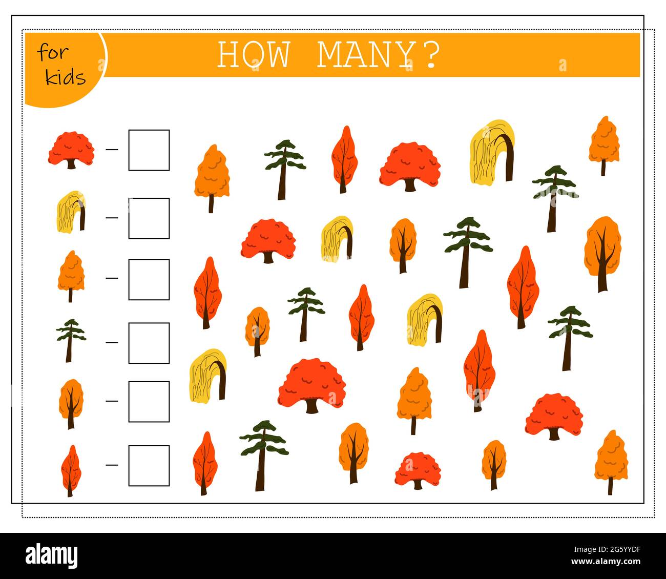 Math game for kids. Count how many autumn trees there are. Vector ...