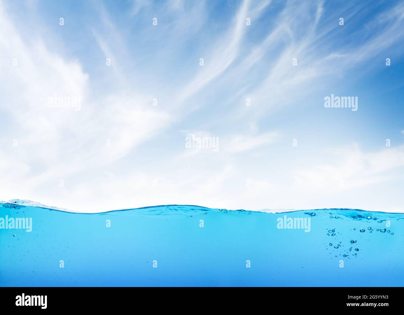 Waterline with sea underwater and blue sunny sky with clouds Stock ...
