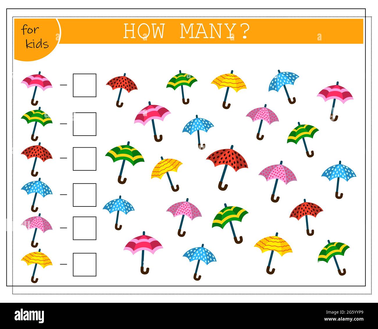 Math game for kids. Count how many umbrellas there are. Vector isolated ...