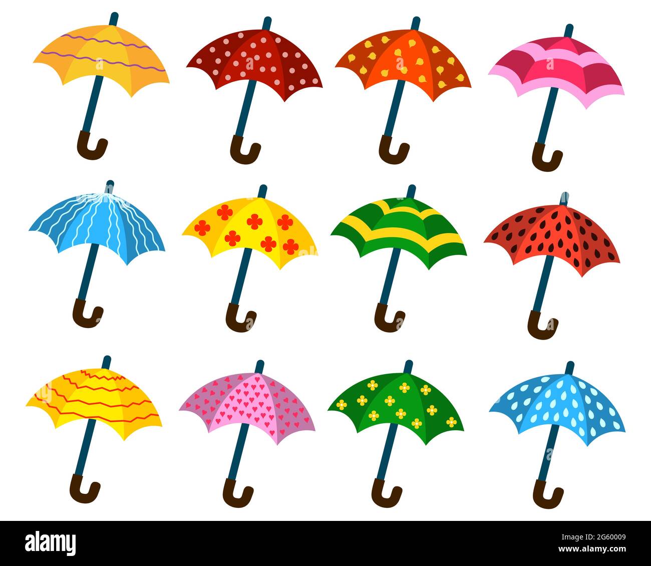A set of cartoon umbrellas with different patterns. Vector isolated on ...