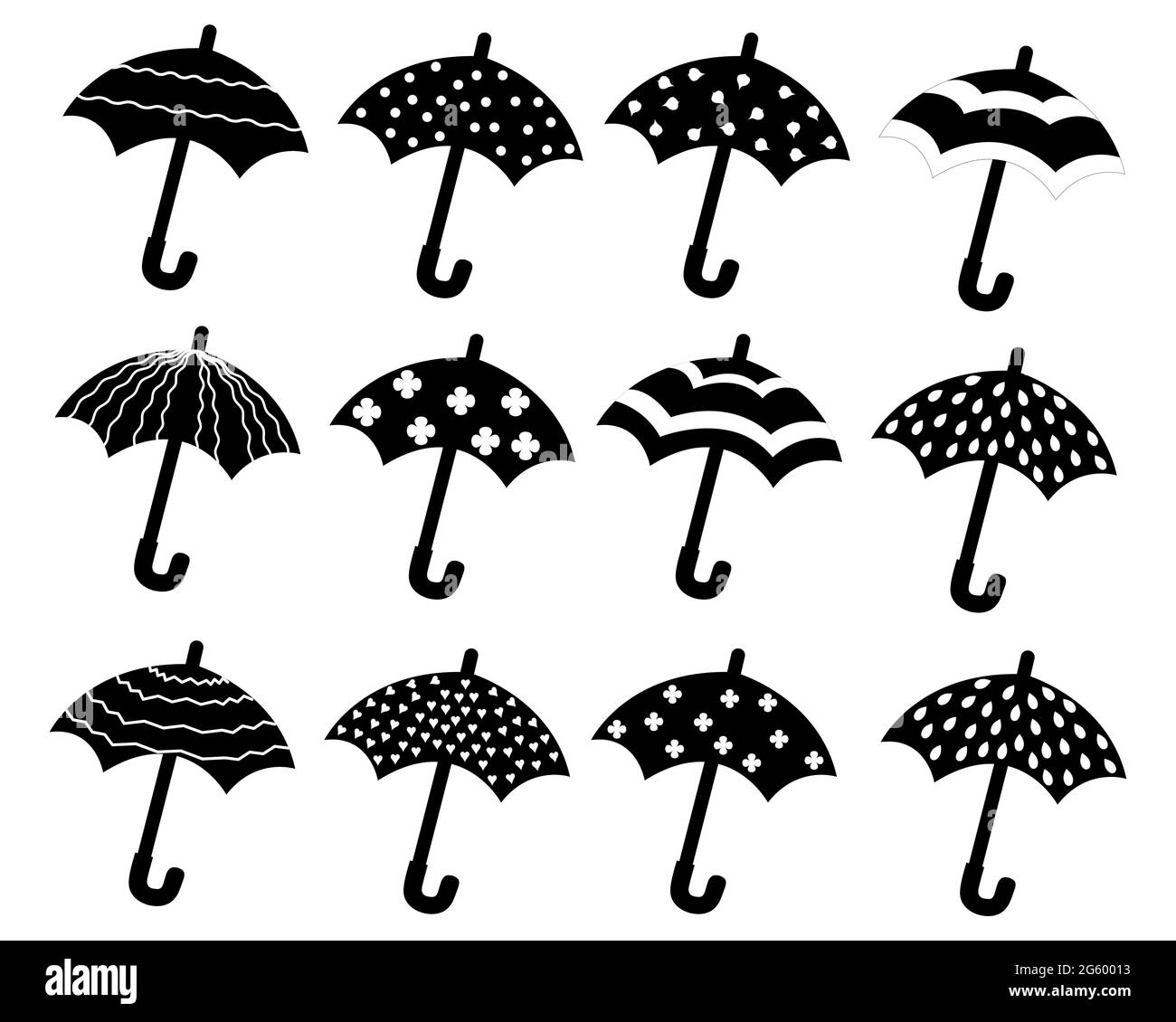 A set of silhouettes of umbrellas with different patterns. Vector ...