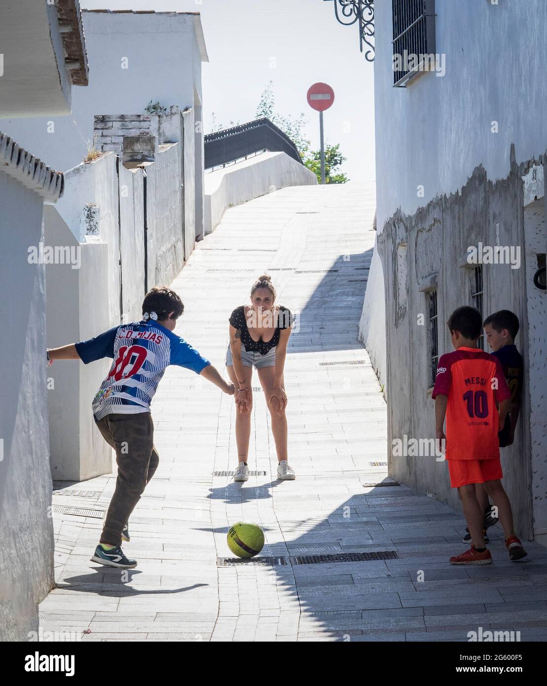 Mijas, Malaga, Spain. 05/06/2021. Children playing soccer in one of the ...