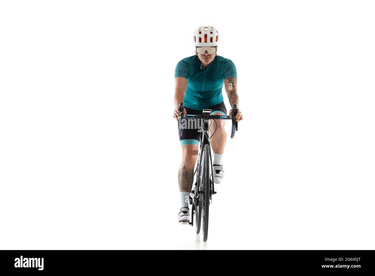 Young professional female bike rider on road bike isolated over white ...