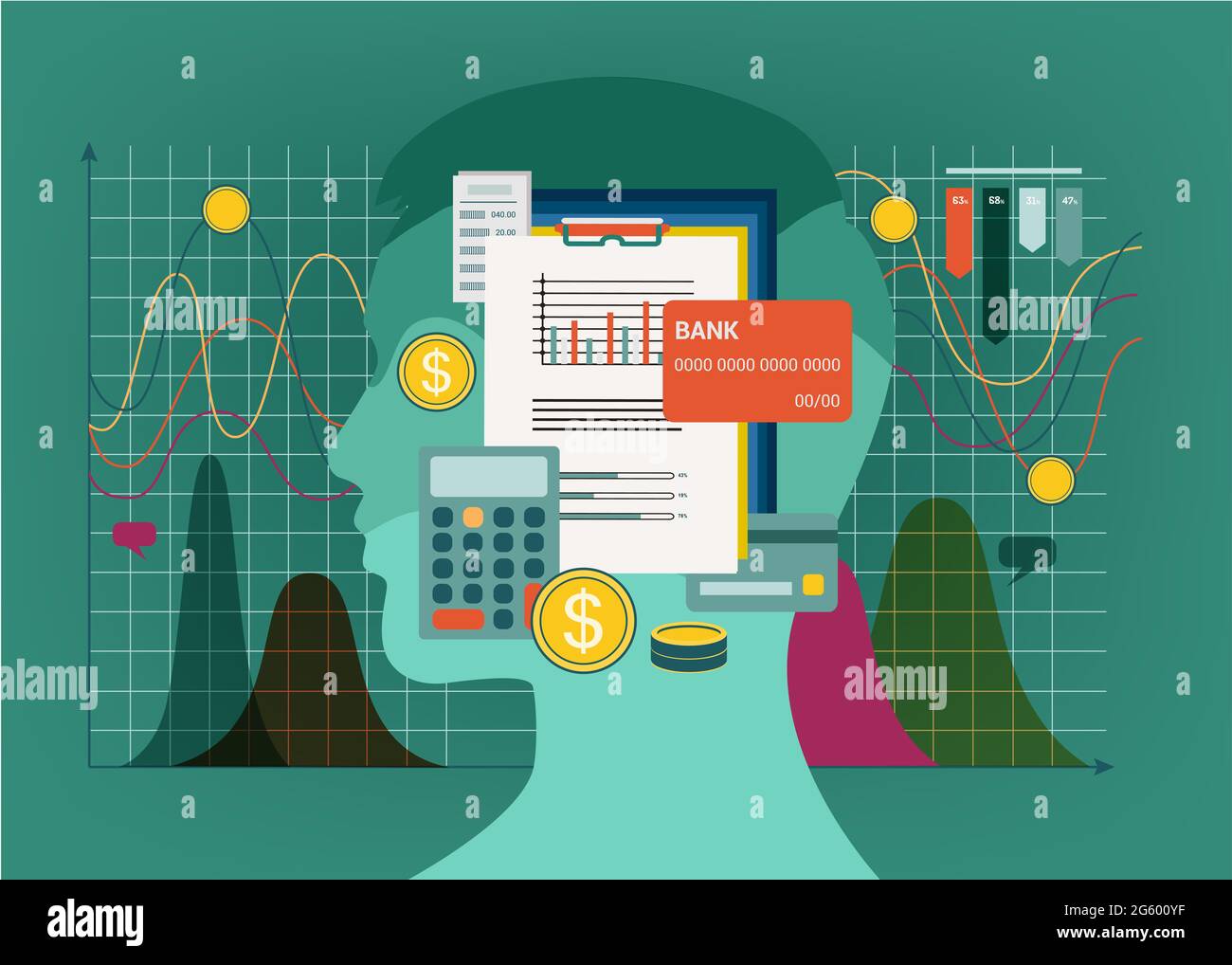 Vector abstract illustration, head of person thinking about budget ...