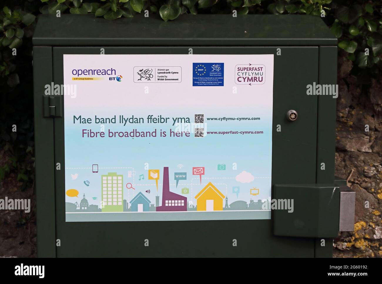 Sign on Fiber Optic Broadband Terminal Box, Benllech, Anglesey Stock ...