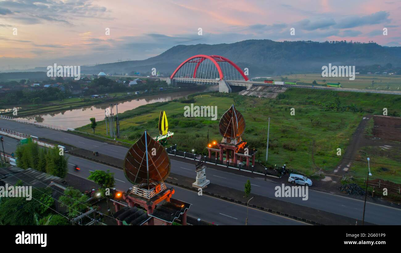 Aerial view of the Kalikuto Bridge, an Iconic Red Bridge at Trans Java ...
